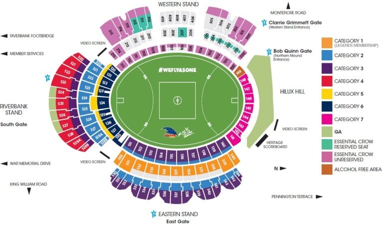 Adelaide Oval Seating Plan with Seat Numbers and Rows