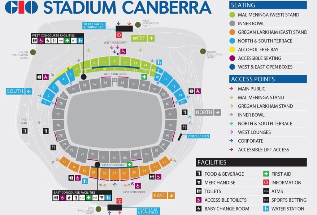GIO Stadium Canberra Seating Plan with Seat Numbers and Rows