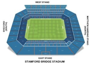 Stamford Bridge Stadium Seating Plan with Seat Numbers and Rows